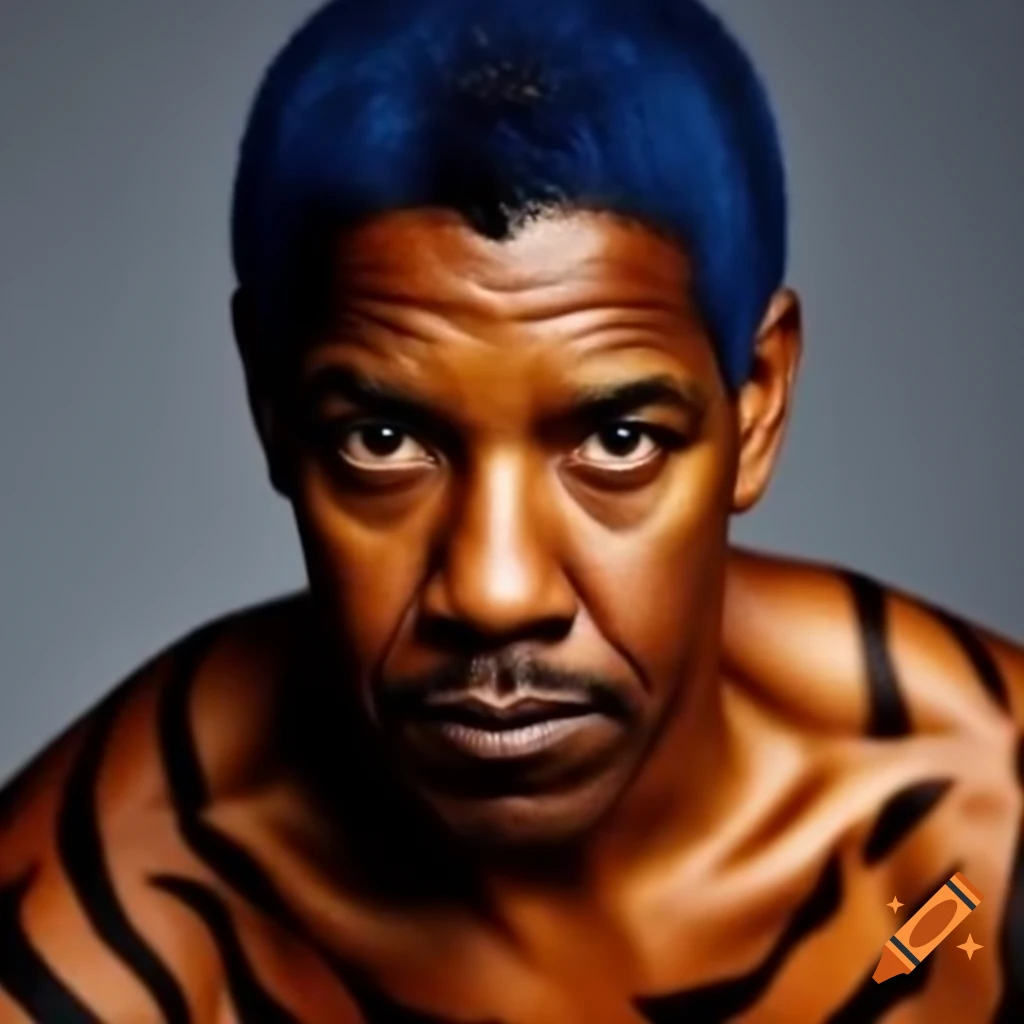 Muscular man with tiger-style makeup and colorful hair on Craiyon