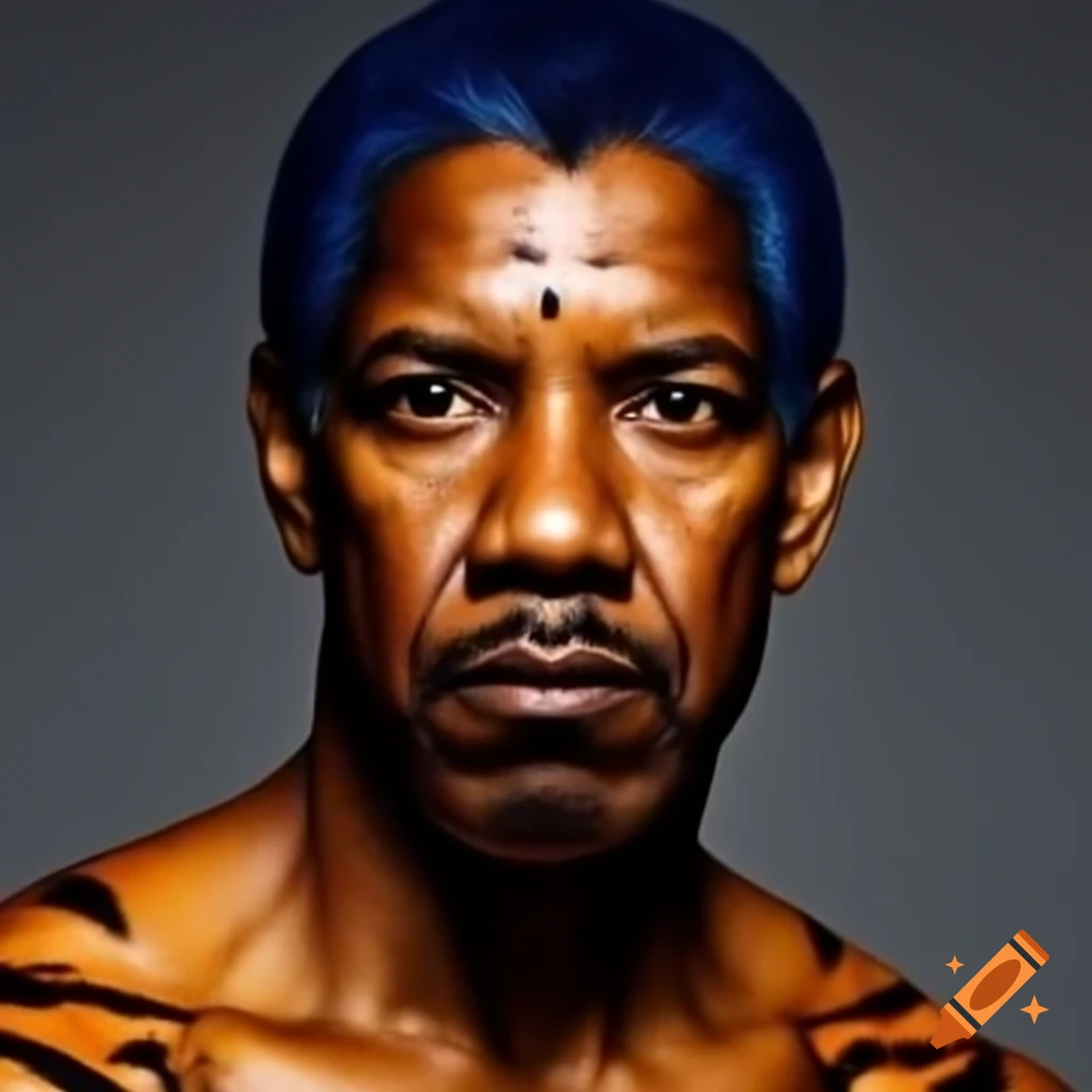 Muscular man with tiger-style makeup and colorful hair on Craiyon