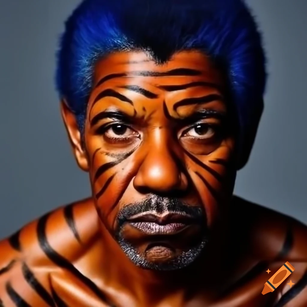 Muscular figure with tiger-style makeup featuring blue hair and orange ...