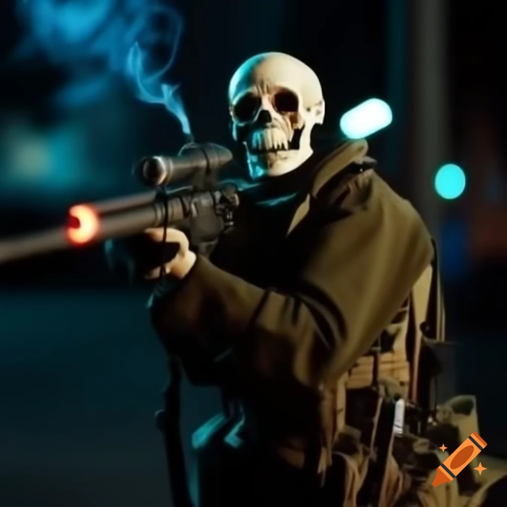 Skeleton with sniper rifle in street, cinematic lighting, absurd comedy ...