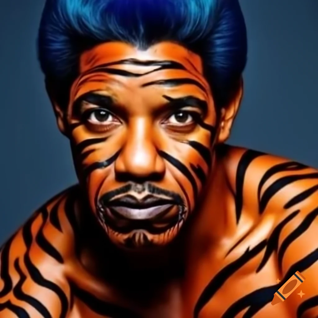 Muscular man with tiger-style makeup featuring blue hair and orange ...