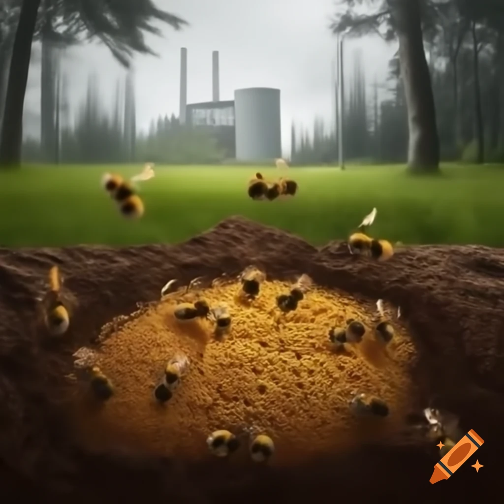Swarm of electric bees near nest in foggy forest with factory ...