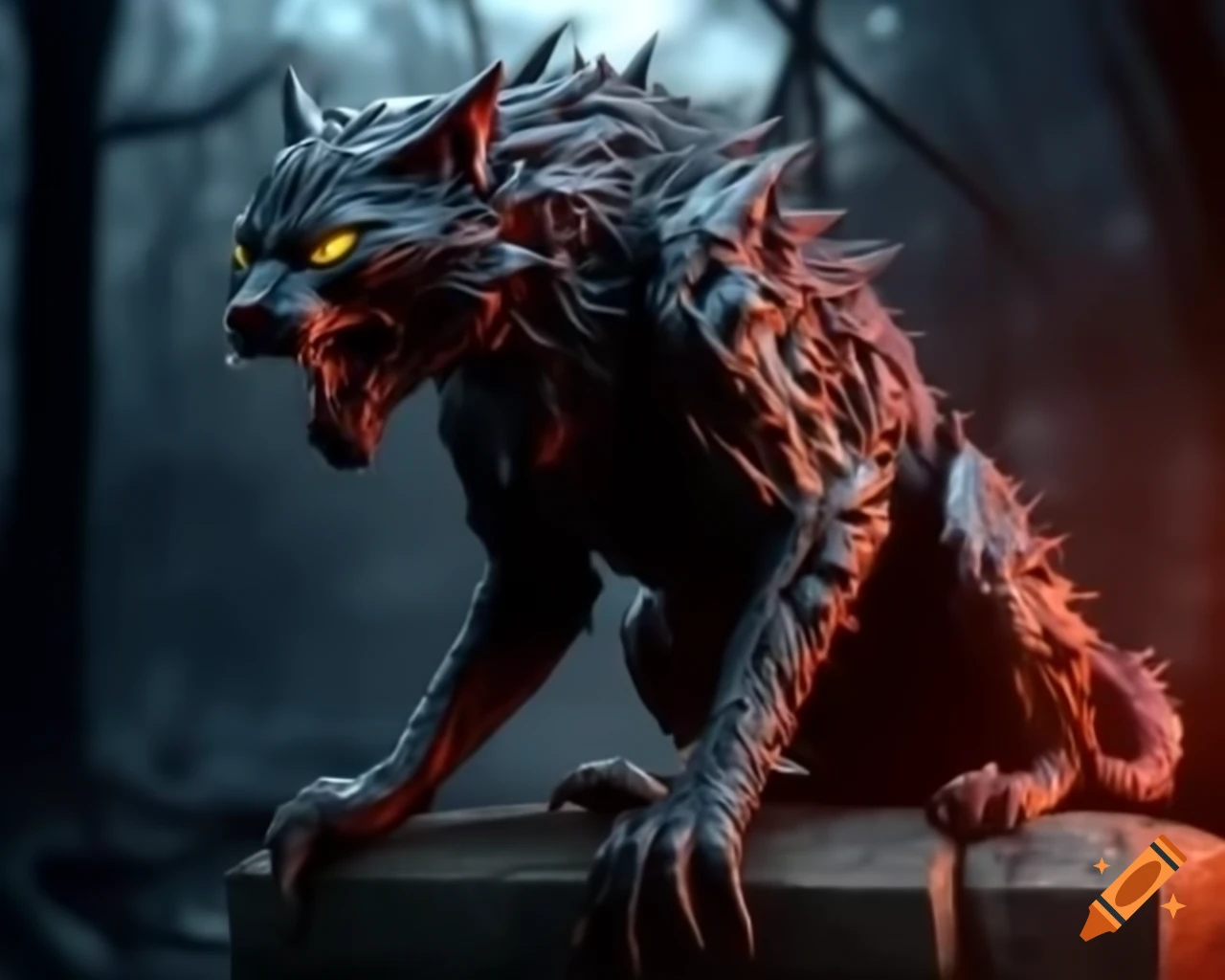 Fictional Deathclaw cat monster with black and yellow fur in dark ...