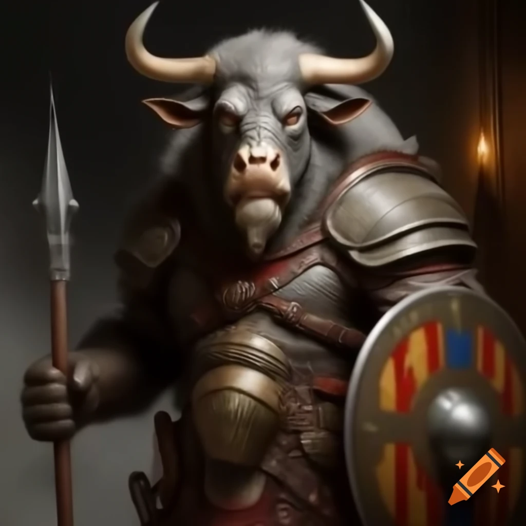 Minotaur in heavy armor with shield and spear on Craiyon