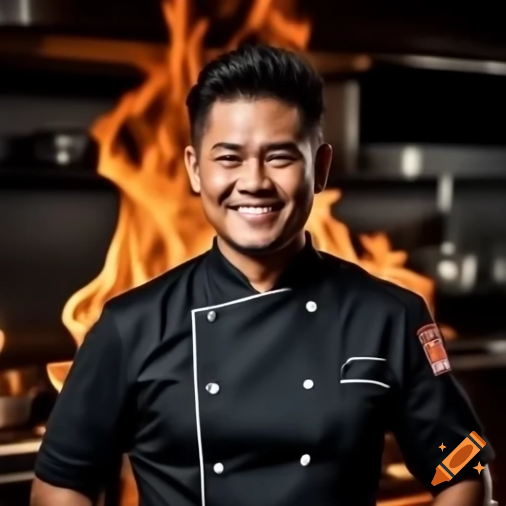 Malay male chef in black uniform with flames in dark kitchen on Craiyon