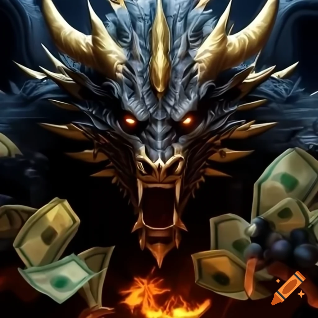 Dark dragon with bull's head breathing fire and money including bitcoins on Craiyon