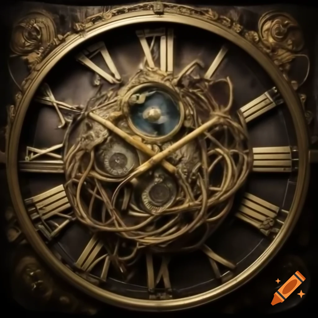 Clock featuring number one, adorned with golden threads and twisting ...