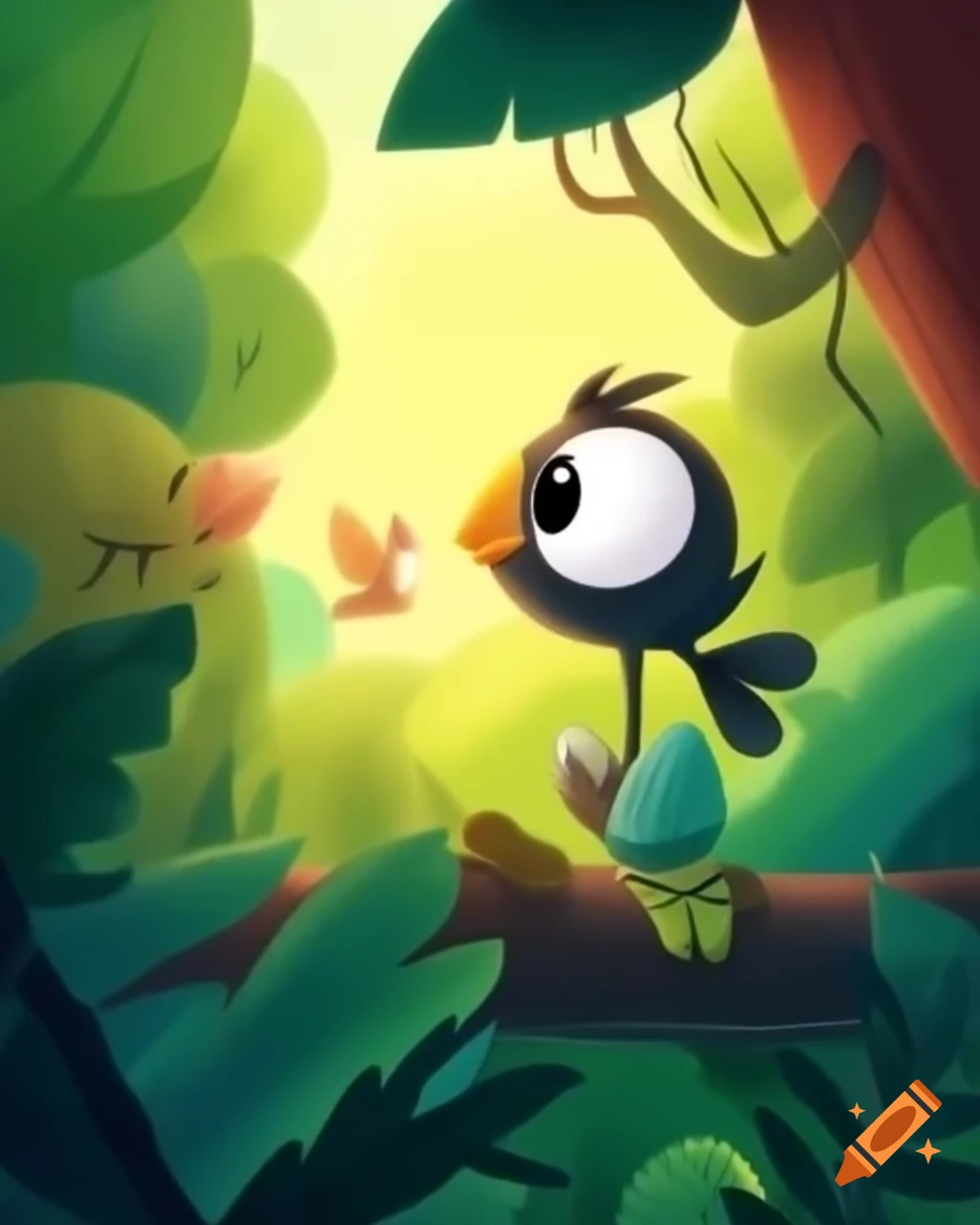 Cartoon bird on tree branch in colorful forest with expressive eyes on ...