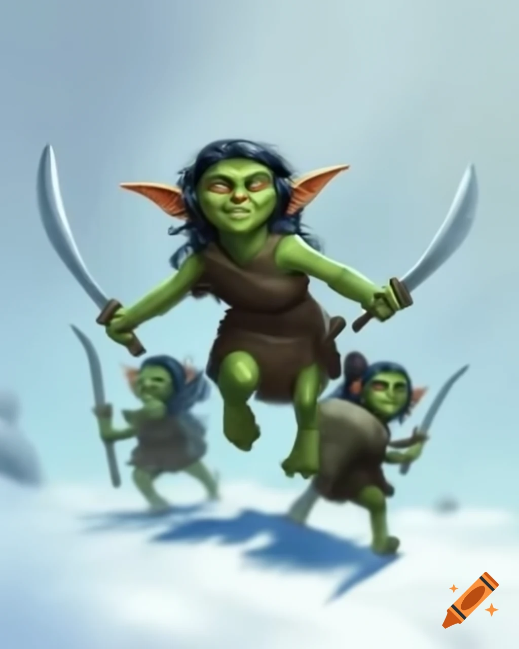 Goblin girls playing in the snow, colorful and whimsical on Craiyon