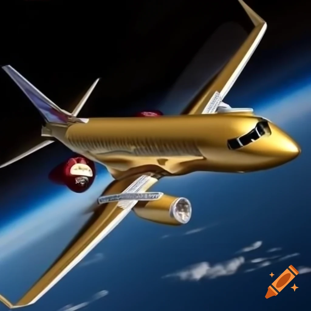 Golden airplane adorned with diamonds flying through space on Craiyon