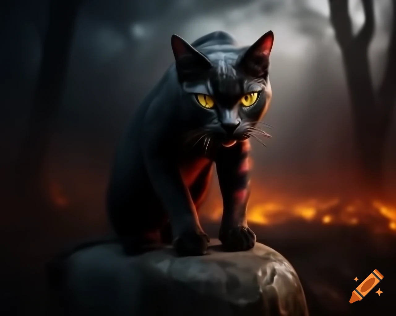 Fictional Deathclaw cat monster with black and yellow fur in dark ...