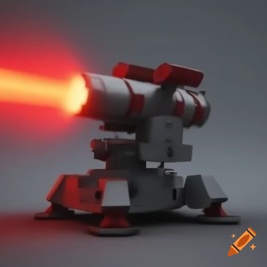 Red turret machine shooting lasers on a battleground on Craiyon
