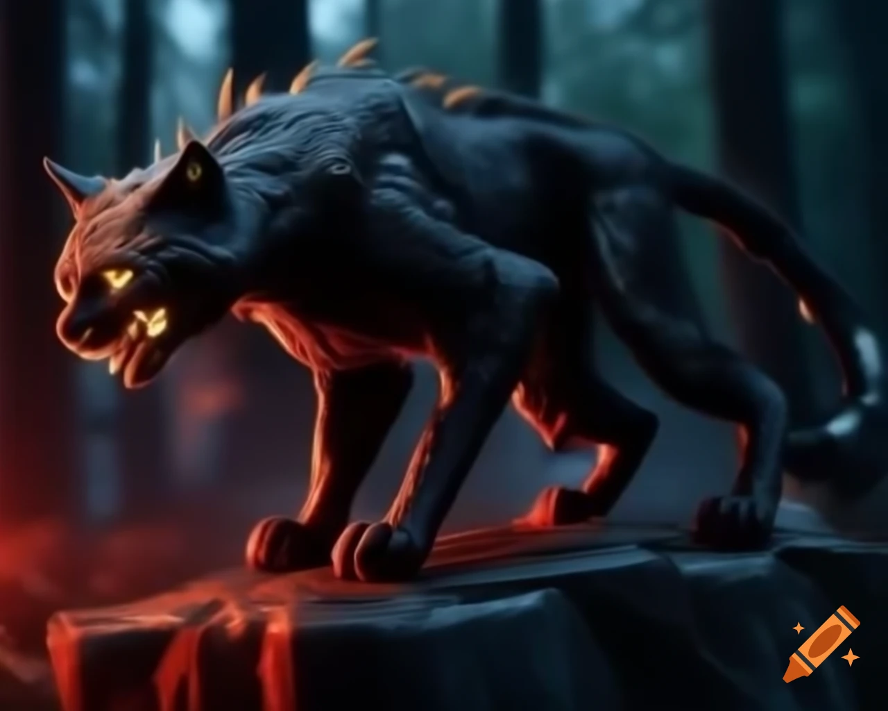 Feline Deathclaw cat monster on stone pedestal with yellow eyes and ...