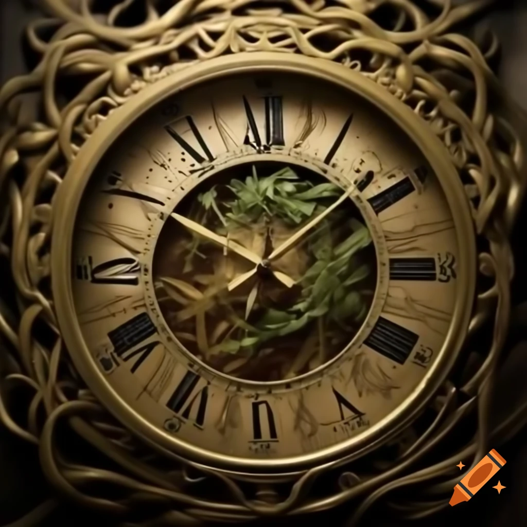 Clock covered in golden threads and twisting vines with only the number ...