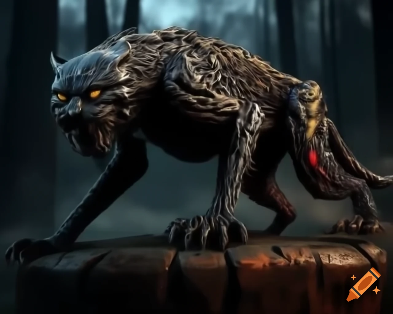 Feline Deathclaw cat monster on stone pedestal with yellow eyes and ...