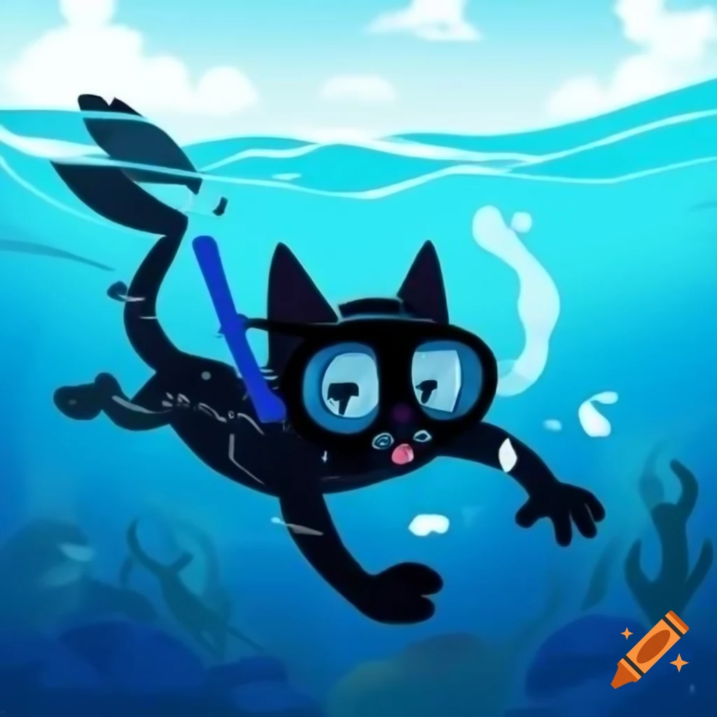 Cartoon of a little black cat snorkeling underwater in the ocean on Craiyon