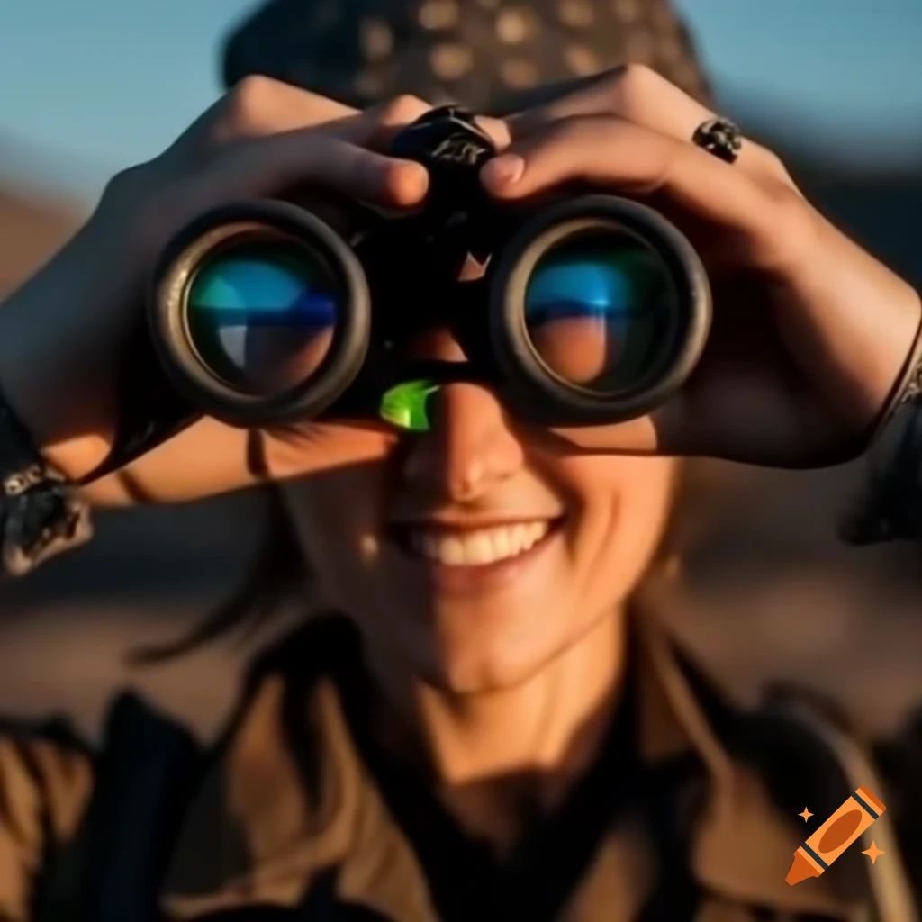 Female gamekeeper smiling while looking through binoculars on a hunt on ...