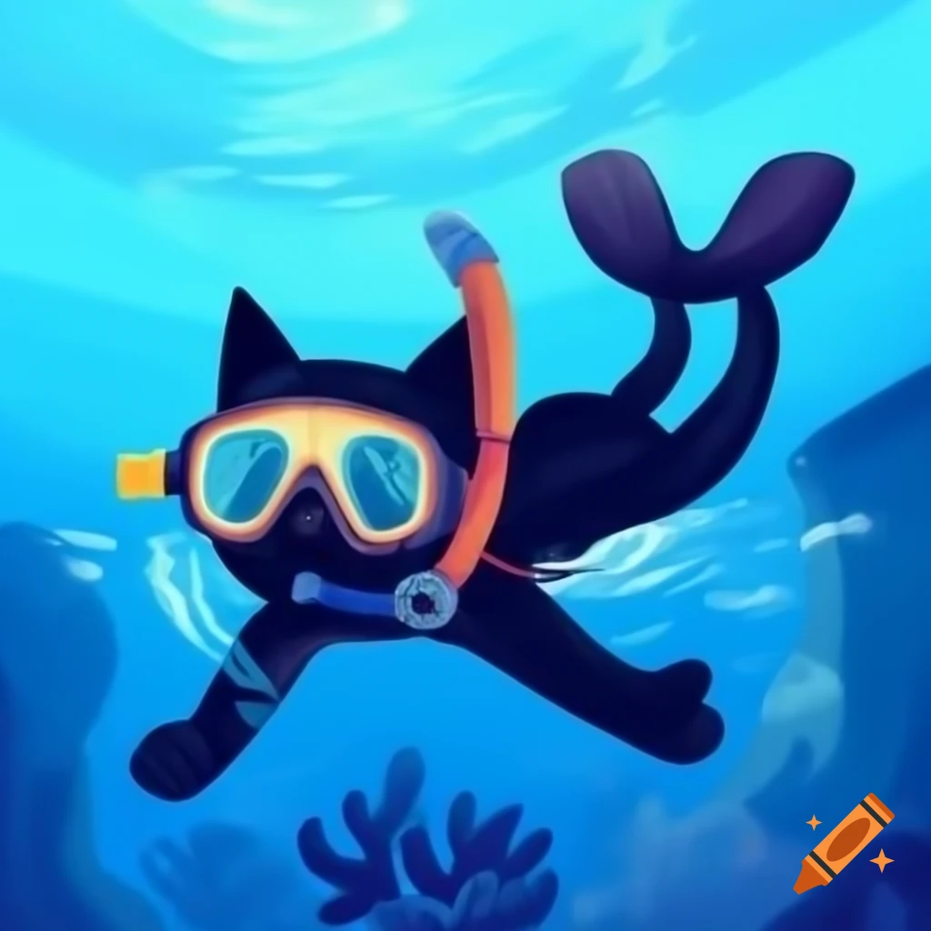 Cartoon black cat snorkeling underwater in the ocean on Craiyon