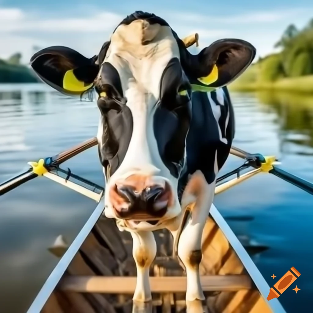 Cow rowing a boat in a whimsical scene on Craiyon
