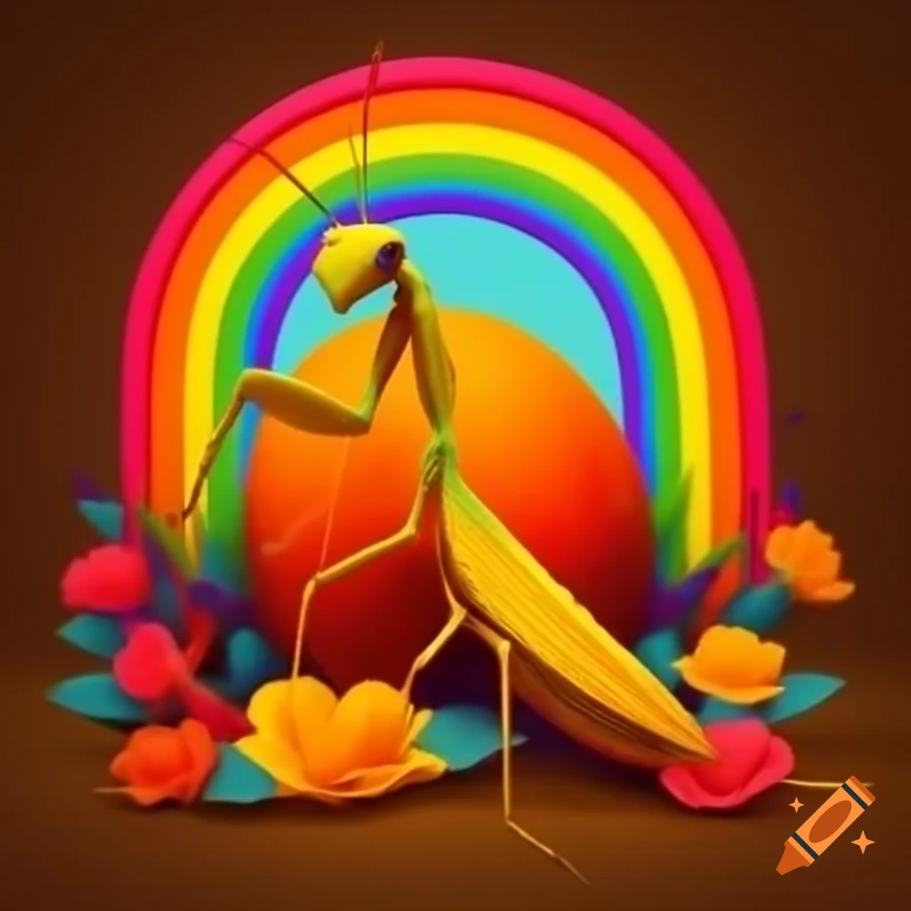 Digital art of a rainbow-colored mantis against a colorful hippie ...