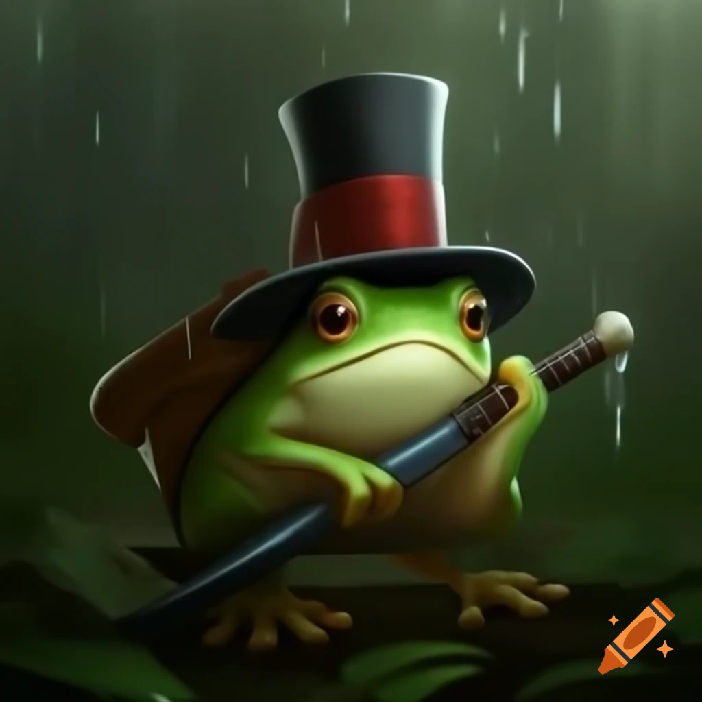 Frog in rainforest holding sword and wearing top hat on Craiyon