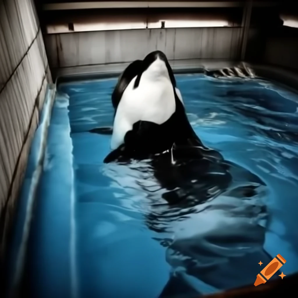 Black and white vintage photo of orca in small water tank on Craiyon