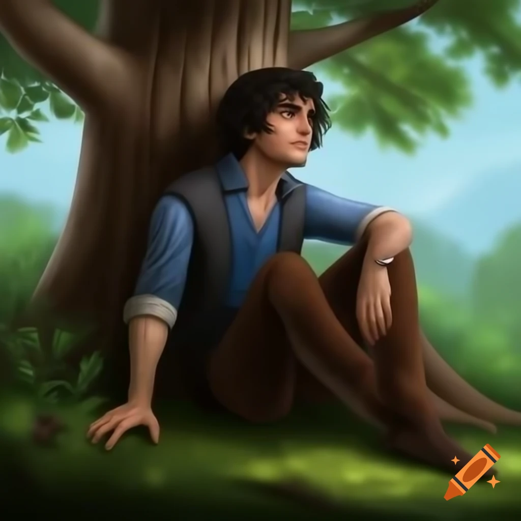 Realistic painting of Frodo Baggins sitting against a tree in forest ...