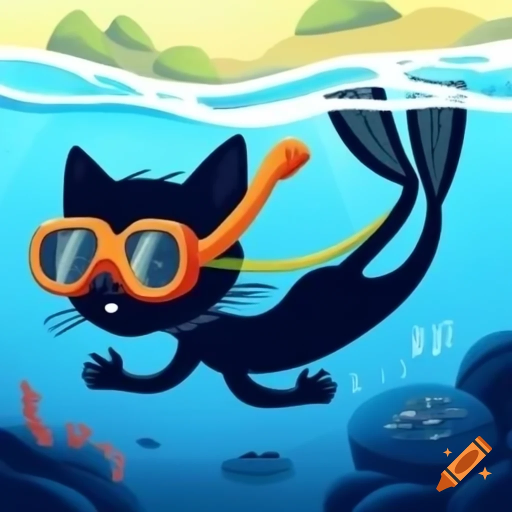 Cartoon art of a black cat snorkeling underwater in the ocean on Craiyon