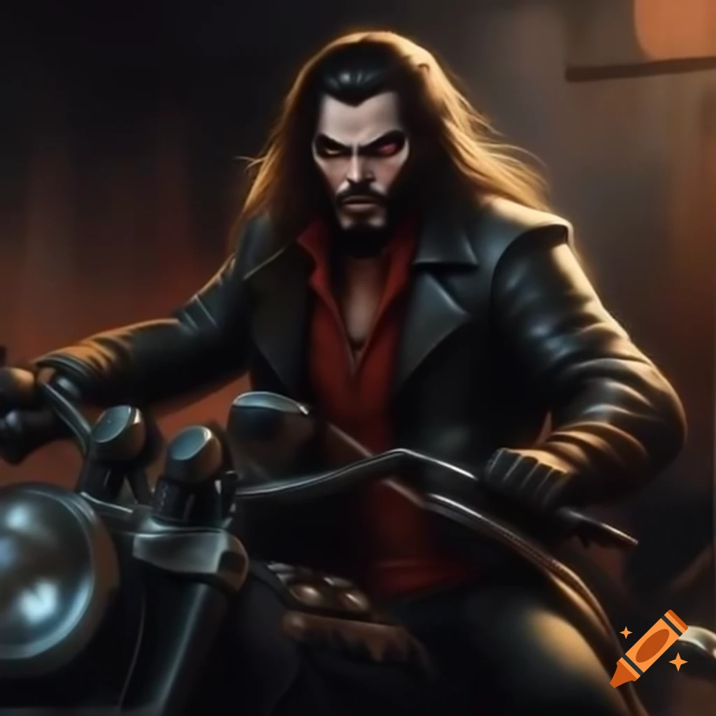 Long-haired vampire in leather jacket riding motorcycle on Craiyon