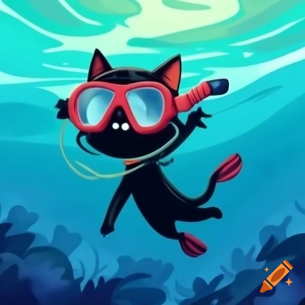 Cartoon of a little black cat snorkeling underwater in the ocean on Craiyon