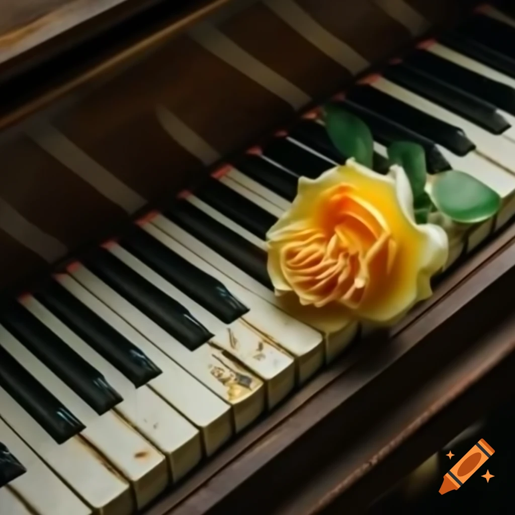 Rustic piano with worn keys and yellow rose resting on top on Craiyon