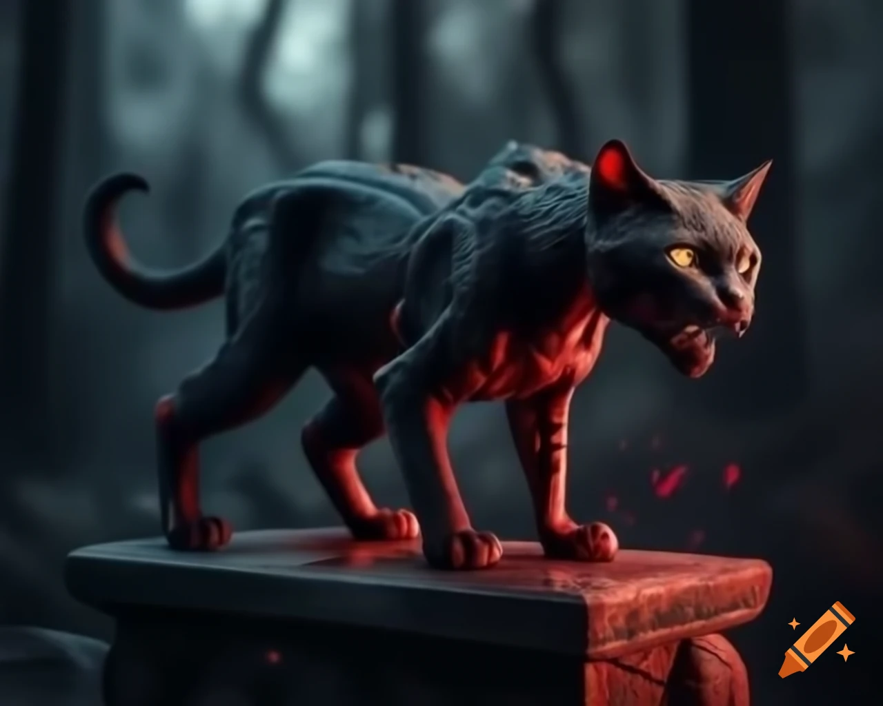 Feline Deathclaw monster with black and yellow fur on stone pedestal on ...