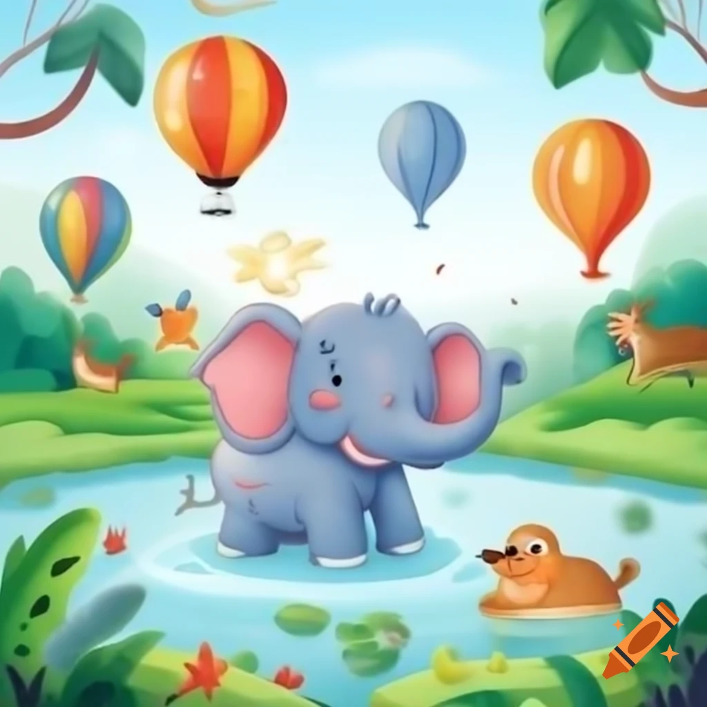 Cartoon elephant Golu in vibrant jungle looking at sky surrounded by ...