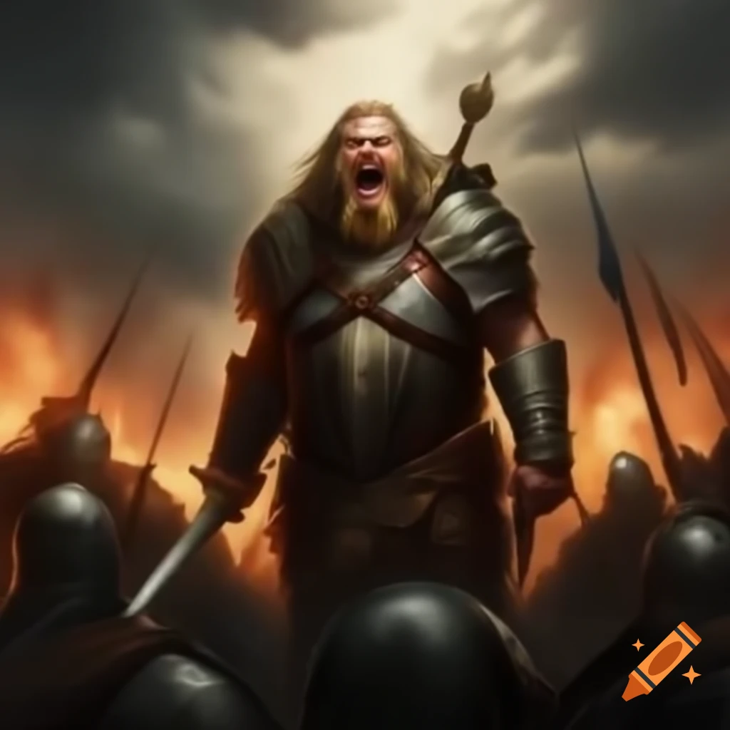 Armored warrior shouting on battlefield with terrified soldiers on Craiyon