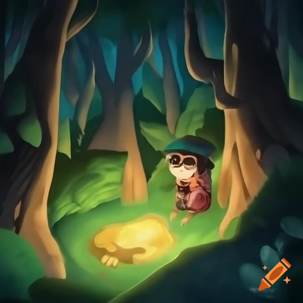 Illustration of small firefly in forest holding glowing light on Craiyon