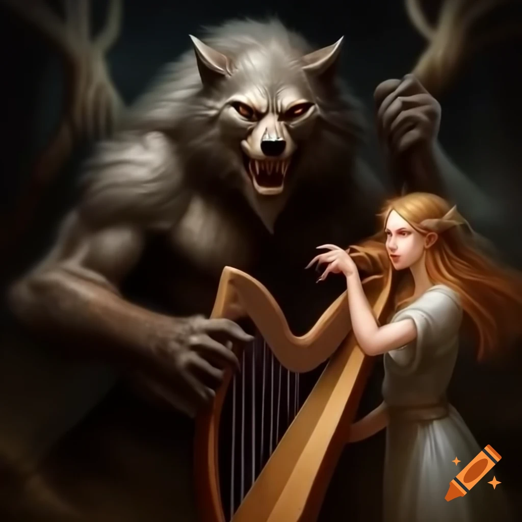 Celtic werewolf with sword and harp guarding young lady on Craiyon