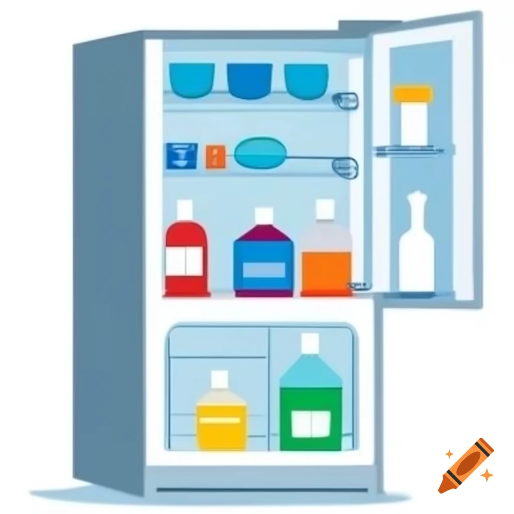 Refrigerator with labeled chemicals inside, door open on Craiyon