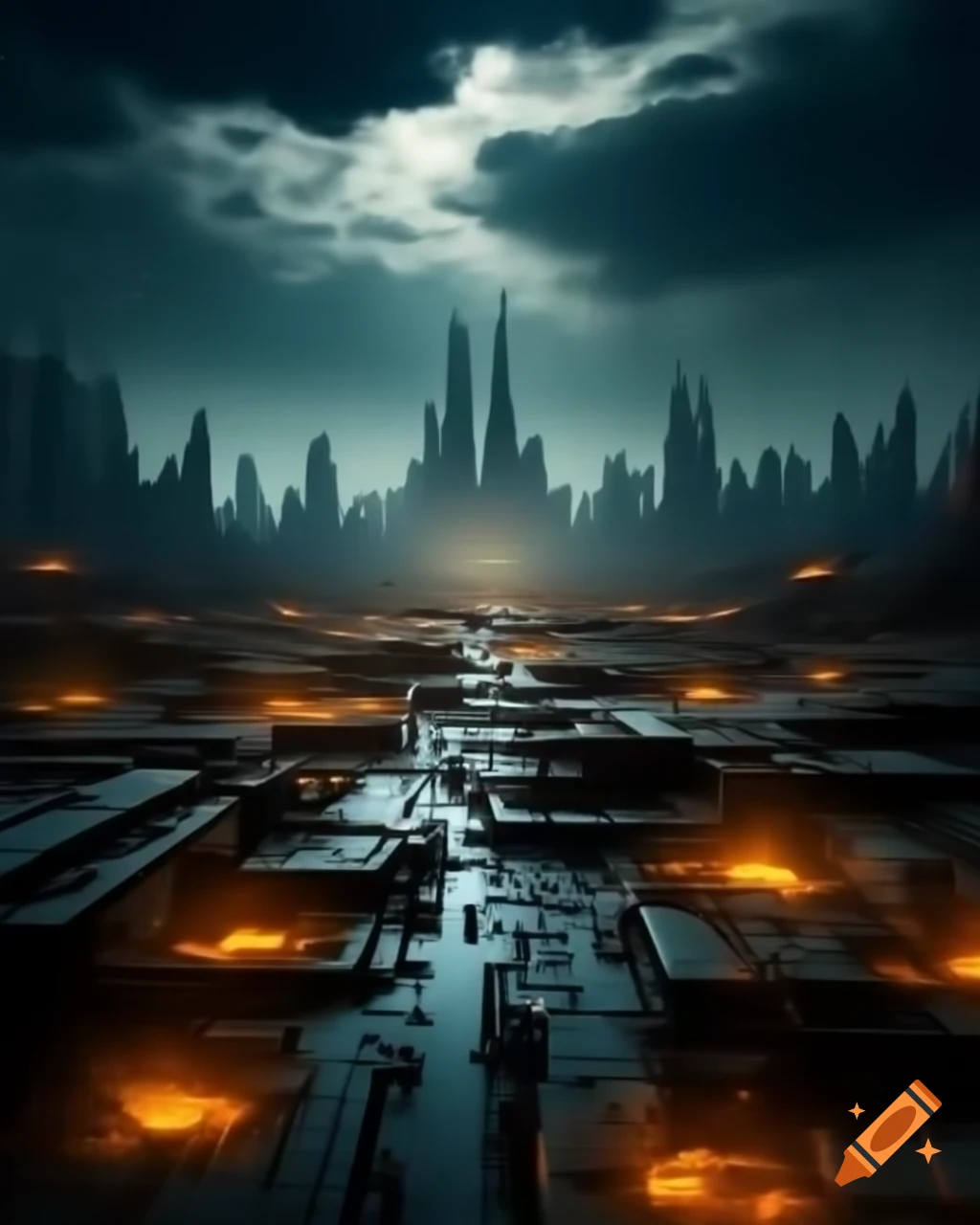 Futuristic city with glowing circuits and high-tech ruins under dark ...