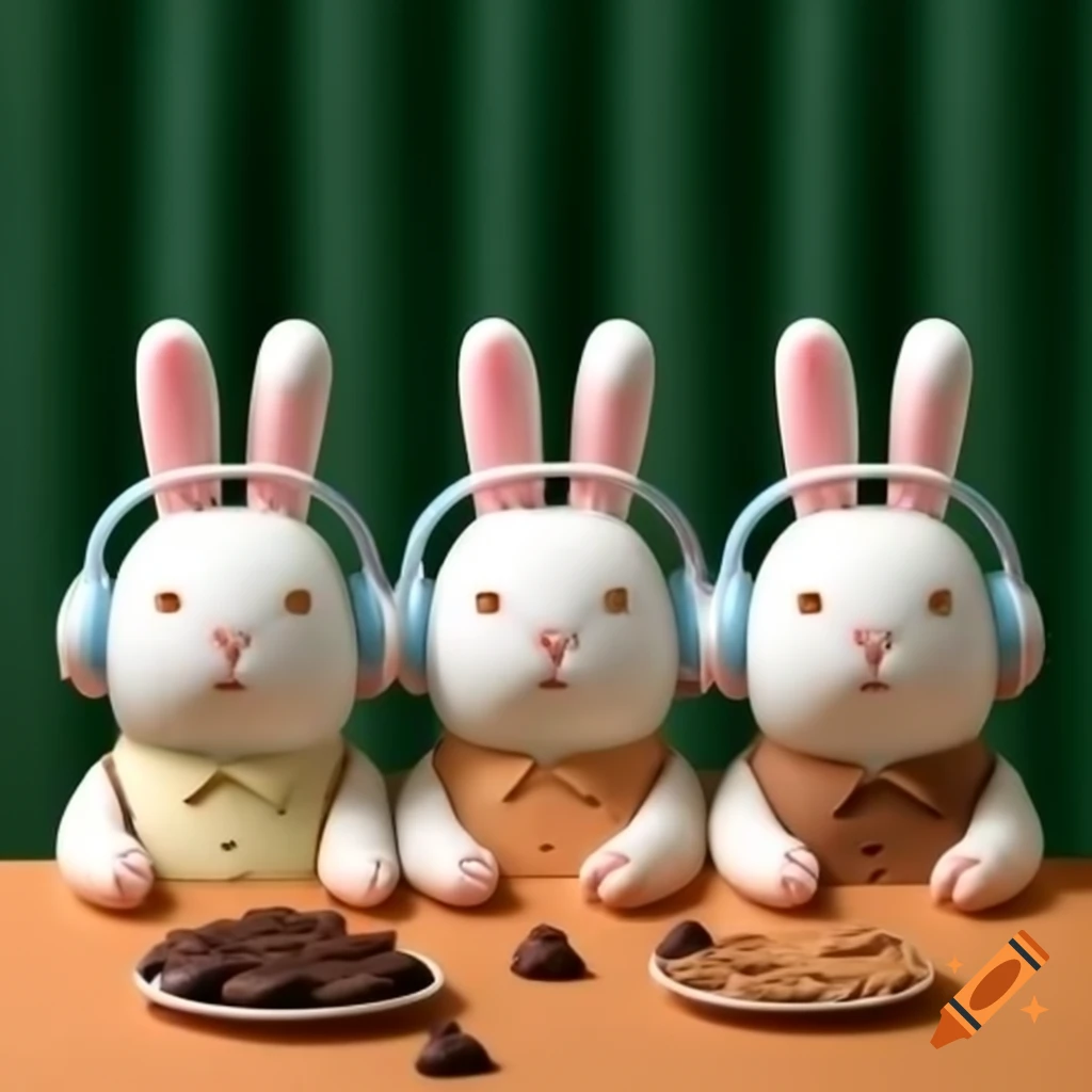 Three bunnies with headphones at a table loaded with chocolates on Craiyon