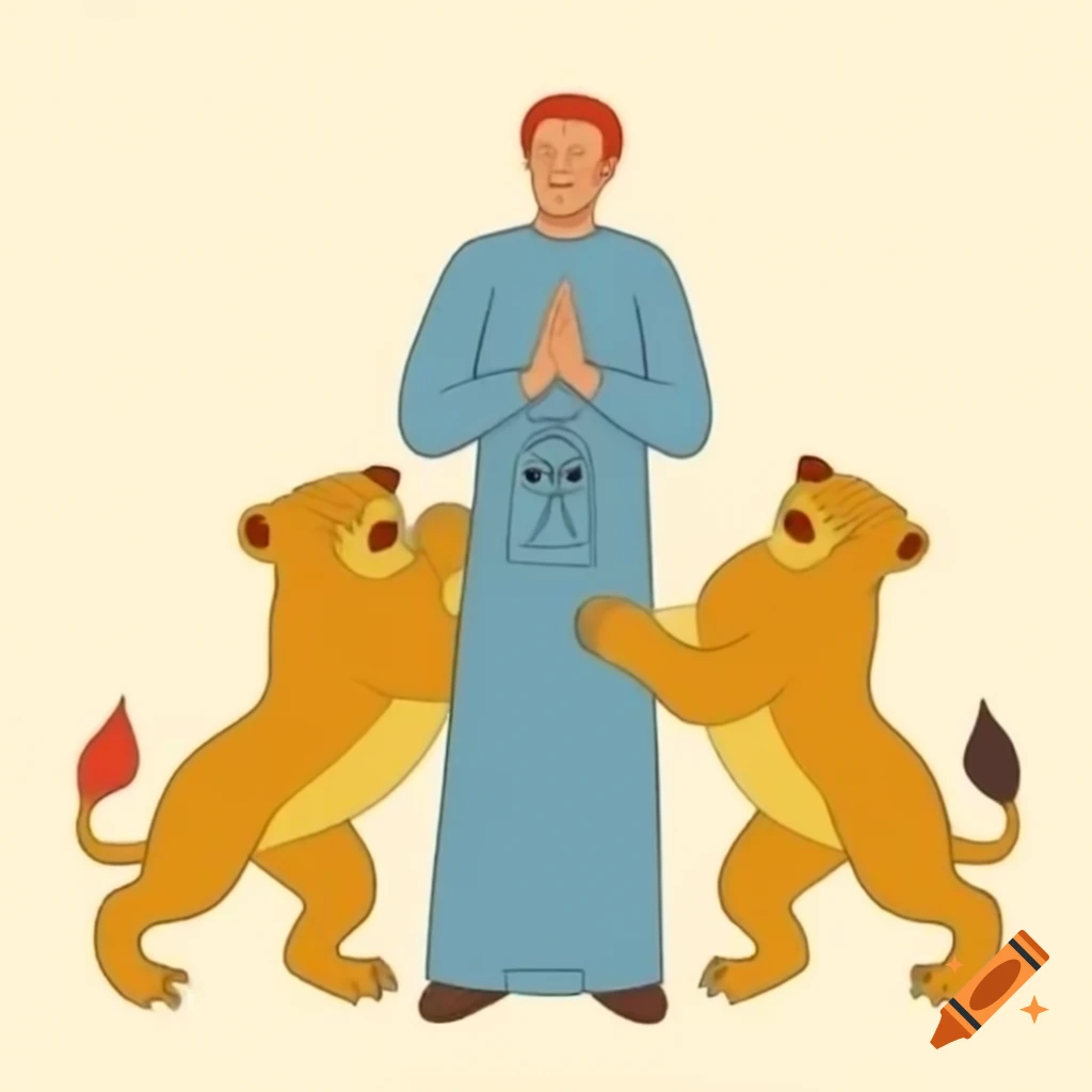 Colorful illustration of Daniel standing bravely before lions on Craiyon