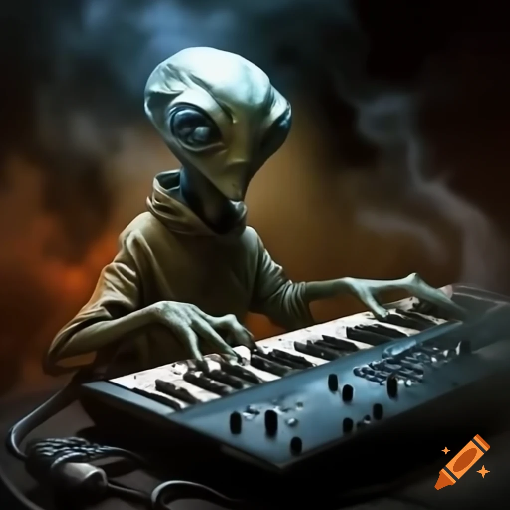 Alien playing synthesizer wrapped around it in smoky dark atmosphere on ...