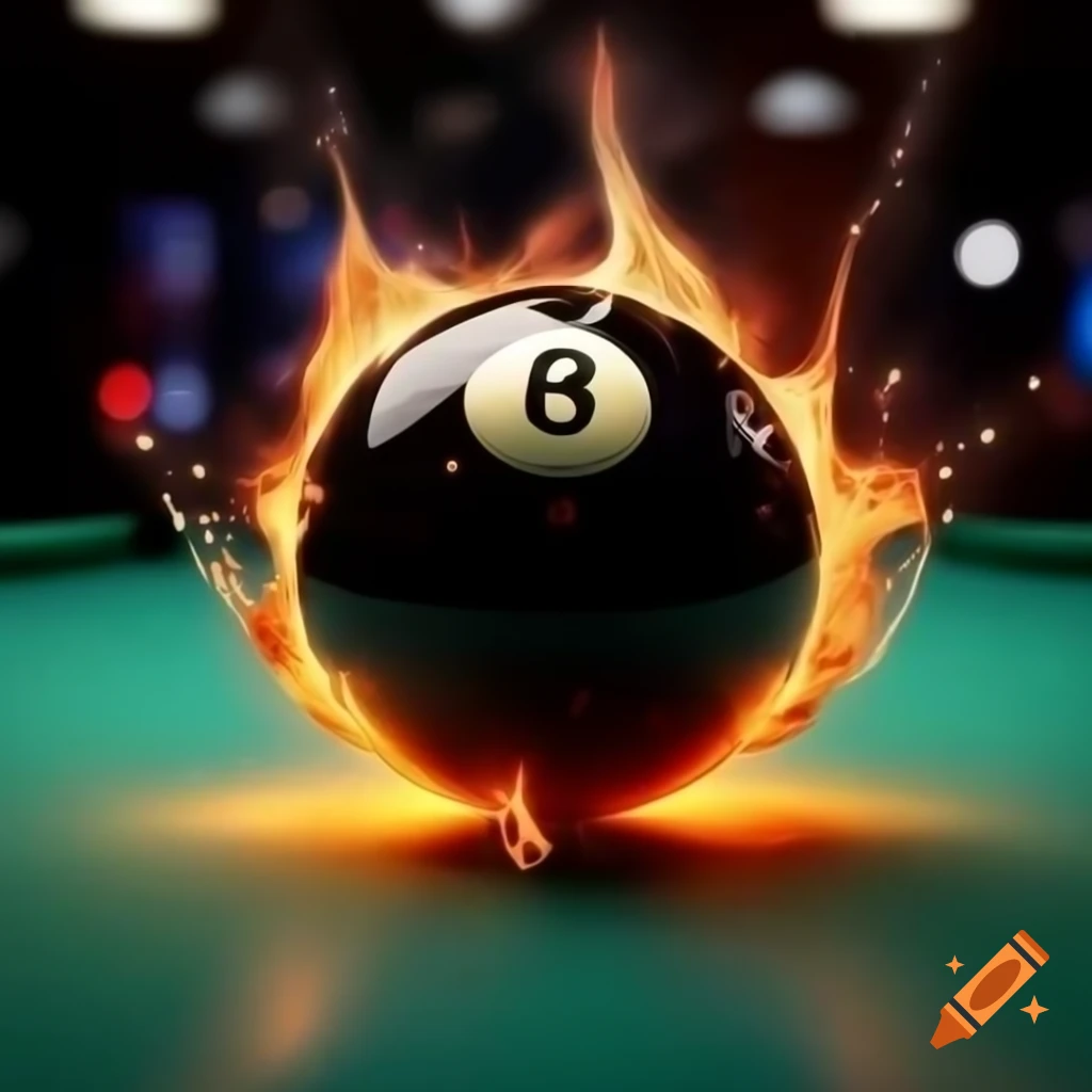 Photorealistic close-up of 8-ball billiard ball surrounded by orange ...