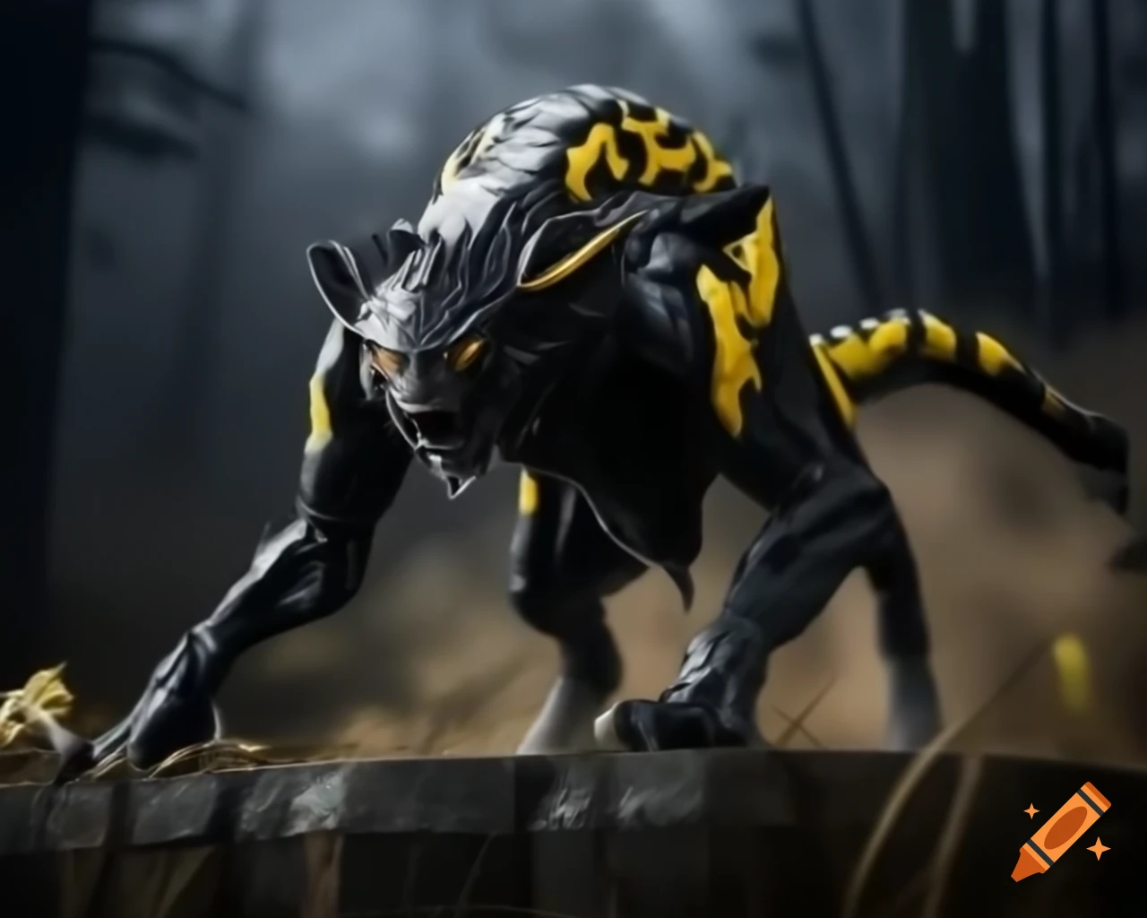 Deathclaw cat monster on stone pedestal in misty dark forest on Craiyon