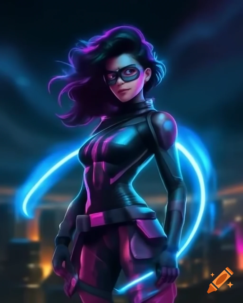 Dynamic young Latina female superhero in high-tech streetwear with neon ...