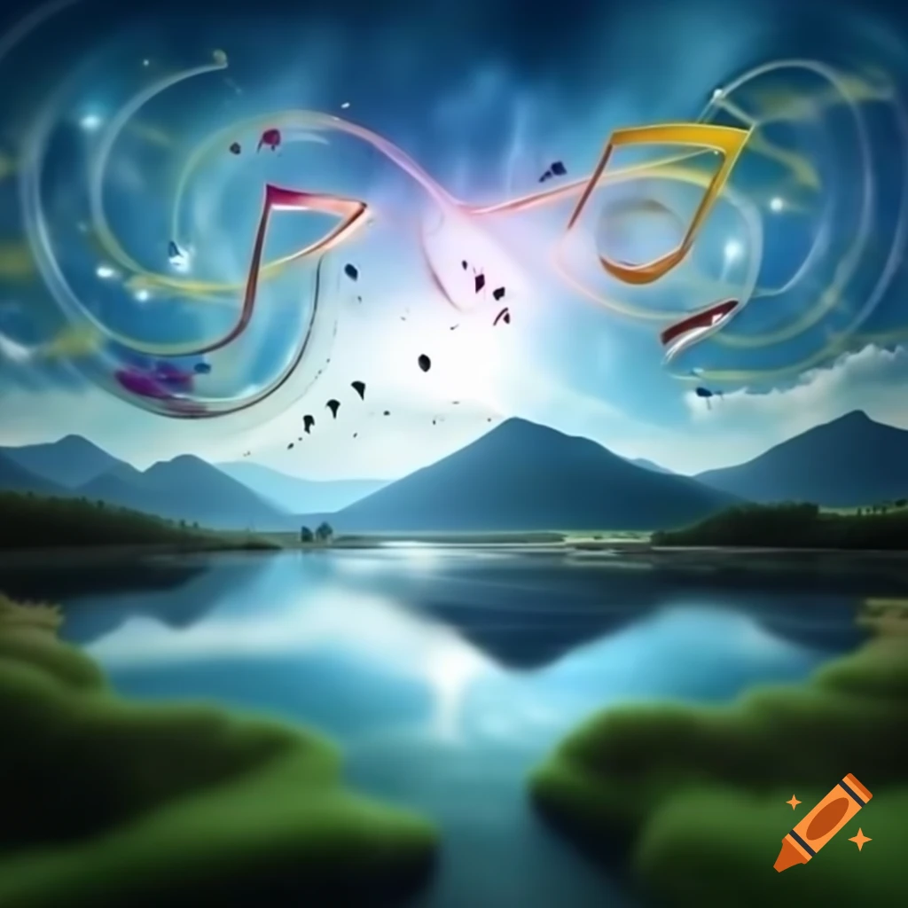 Sound waves and musical notes rising from serene landscape in vibrant ...