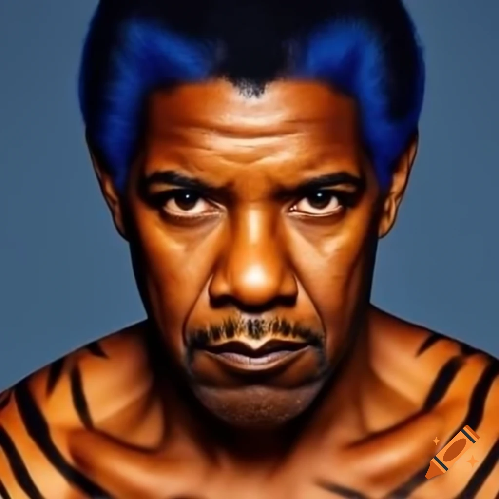 Denzel Washington with tiger-style makeup featuring blue hair and ...