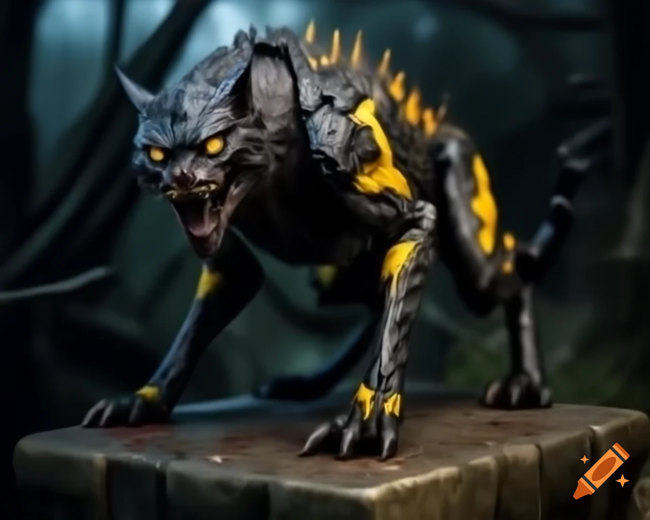 Feline Deathclaw monster with black and yellow fur on stone pedestal on ...