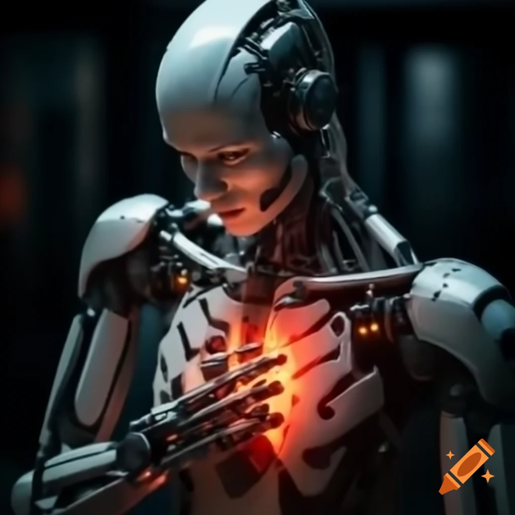 Robot experiencing intense anxiety with heart pounding imagery on Craiyon