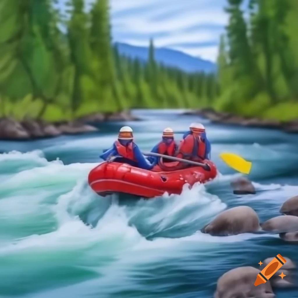 Realistic drawing of McKenzie River with red raft navigating waters on ...