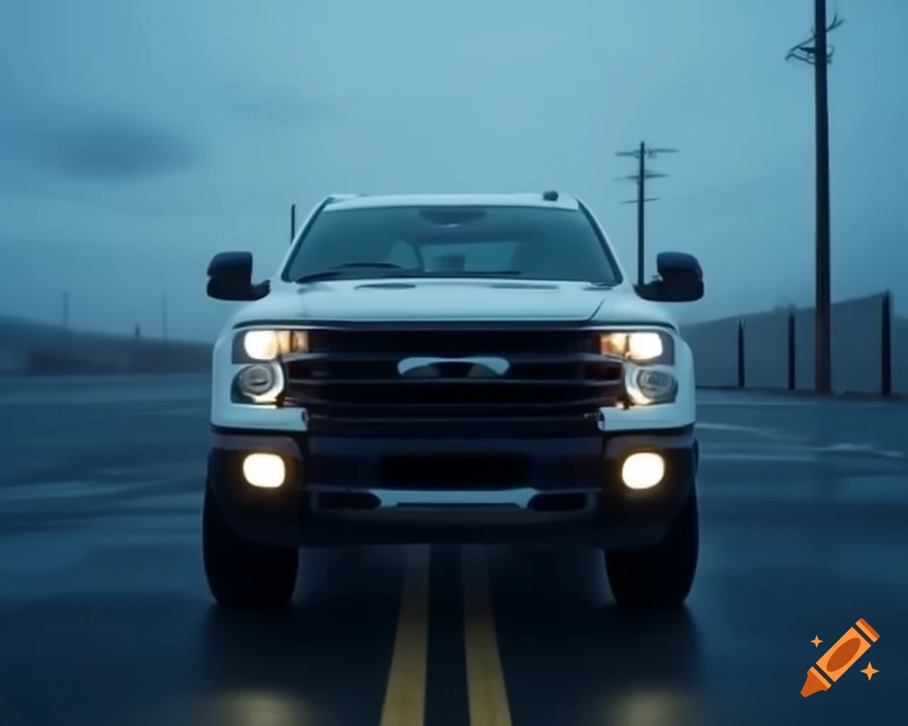 White pickup truck with headlights on in empty street parking lot under cloudy sky on Craiyon